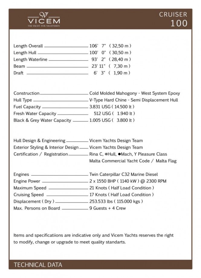 Technical Specifications of the New 100 Cruiser motor yacht by Vicem ...