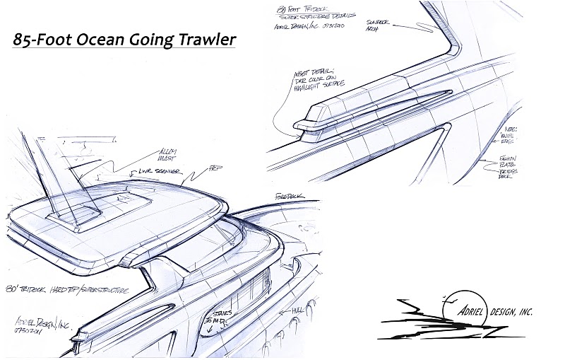 85 Foot Ocean Going Trawler sketches by Adriel Design — Yacht Charter ...