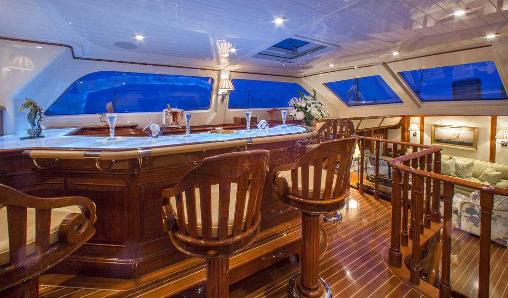 Whisper’s teak interior is adorned with intricate inlays and carvings ...